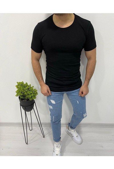 Erkek Siyah Dar Kesim Basic T-Shirt