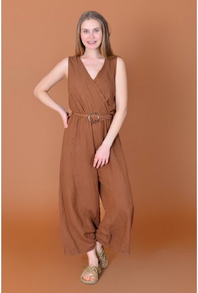 Ysatis-Beli Kemerli Kolsuz Kruvaze Yaka Geniş Paça Keten Tulum Mix