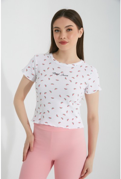 Açelya Bisiklet Yaka Karpuz Baskılı Buluz
