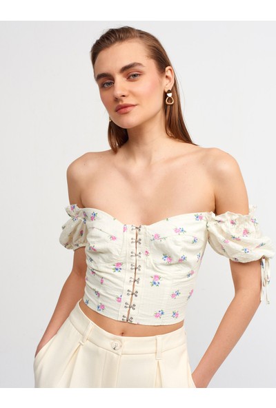 Dilvin 50133 Desenli Crop Top-Natural