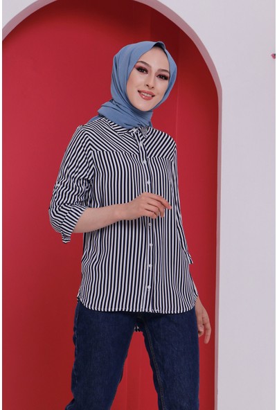 İmaj Butik Çizgili Tesettür Gömlek/lacivert