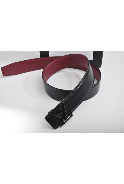 Gift Tarafli Siyah-Bordo Deri Kemer Gl Toka+ Hediye H Toka & Lv Toka El Yapımı Kemer