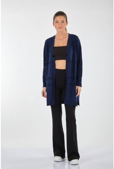 Desen Şal Yaka Uzun Kollu Lacivert Kadın Ceket 22122354