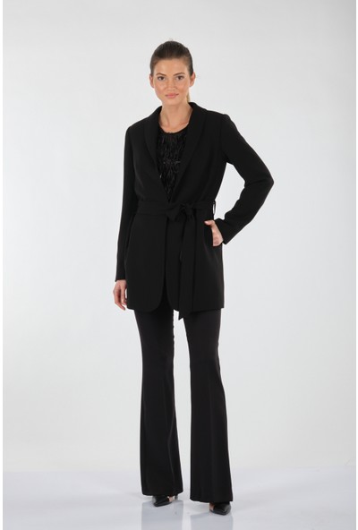 Garni Düz Yaka Uzun Kollu Siyah Kadın Ceket 22YCKT01053