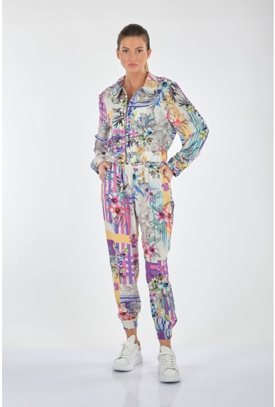 On Düz Yaka Çiçekli Uzun Kollu Menekşe Kadın Mont 22166437