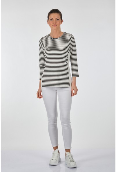 Desen Bisiklet Yaka Çiçekli Uzun Kollu Beyaz Kadın Penye 2219863