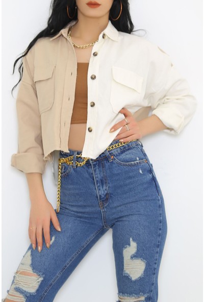 Çift Renkli Gabardin Gömlek Sütlükahve