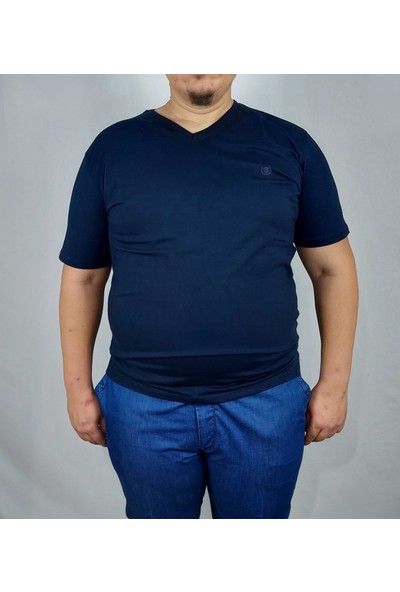 Fahrettin Moda Lacivert Büyük Beden V Yaka Tişört