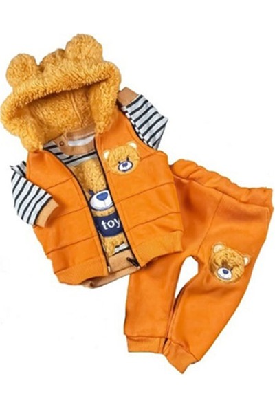 Babydoss Kürk Kapşonlu Ayılı Bebek 3'lü Lüx Takım Hardal