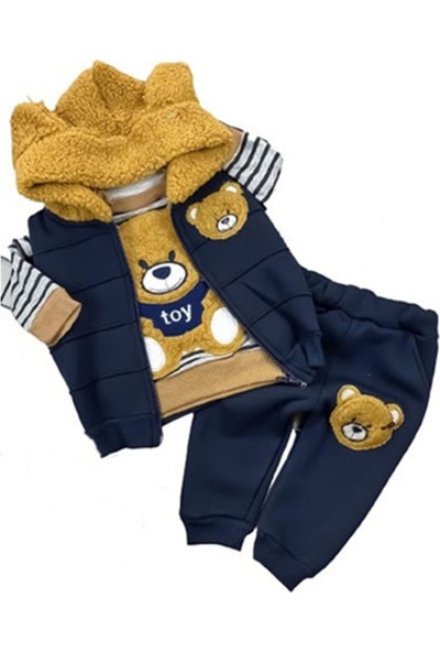 Babydoss Kürk Kapşonlu Ayılı Bebek 3'lü Lüx Takım Lacivert