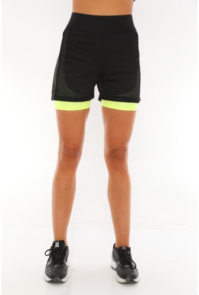 Pimody Kadın Siyah Yan File Taytlı Spor Deniz Şortu