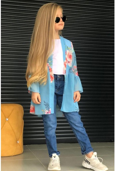 Kız Çocuk Kolları Volanlı Tül Ceketli ve Kot Pantolonlu 4lü Alt Üst Takım