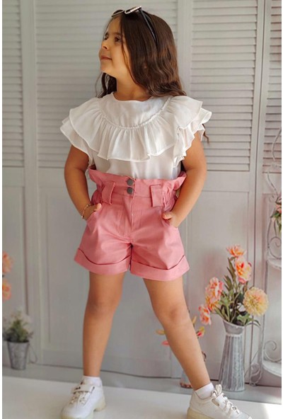 Riccotarz Kız Çocuk Fırfırlı Şifon Bluzlu ve Çift Cepli Pembe Kot Şortlu Takım