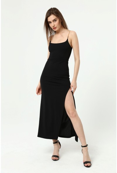 Kadın Siyah Yırtmaçlı Elbise