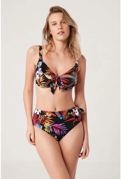 Kom Yüksek Bel Remiele Desenli Telli Toparlayıcı Bikini