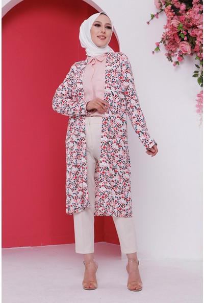 İmaj Butik Çiçek Desenli Tesettür Hırka/beyaz