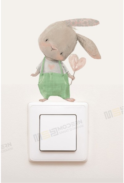 Modern Sanat Dükkanı Yeşil Tulumlu Tavşan Dekoratif Priz Sticker