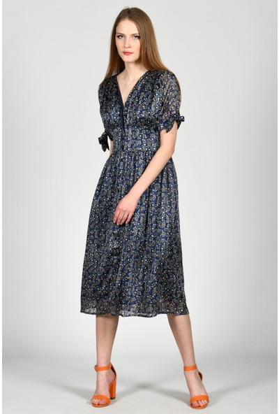 Lacivert Beli Lastik Detaylı Çiçekli Elbise QE131