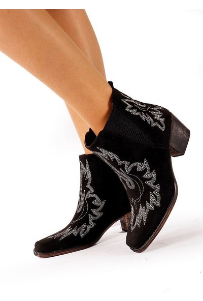 Pabucmarketi Işleme Detaylı Süet Siyah Kadın Bot