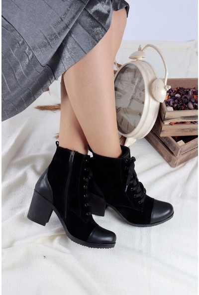 Pabucmarketi Siyah Suni Deri-Süet Kadın Bot