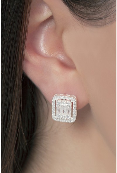 Ateş Gold Çizgili Baget Taşlı Gümüş Küpe