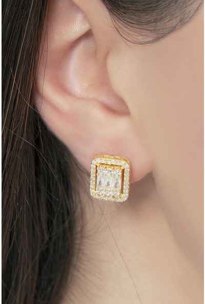 Ateş Gold Çizgili Baget Taşlı Gümüş Küpe