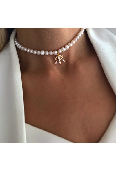 Bonnjerra Jewellery Bonnjerra Barok Inci Zirkon Baget Taşlı Göz Figürlü Choker Bonnjerra Jewellery Bonnjerra Barok Inci Zirkon Baget Taşlı Göz Figürlü Choker