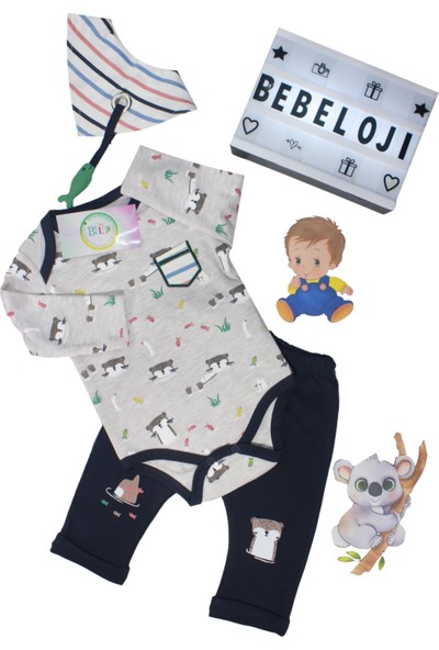 Bebeloji Fularlı Hayvanlı Erkek Bebek Takımı (3'lü Set)