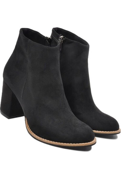 White Line Siyah Süet Fermuarlı Kadın Topuklu Bot