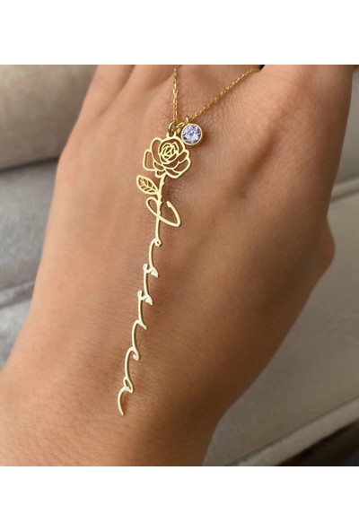 Glorria Kişiye Özel Isimli Doğum Çiçeği ve Doğum Taşlı Gümüş Kolye