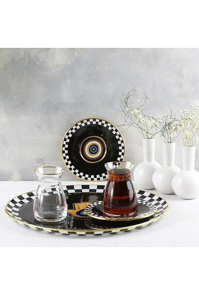 Qalitte Glore Nazar Siyah 5 Parça Tepsili Çay Seti