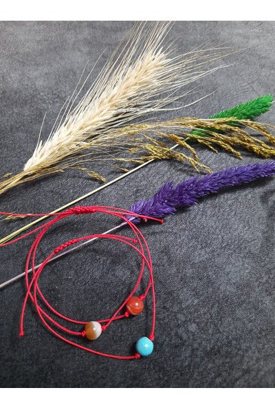 Jasmin Unisex Akik Turkuaz(Firuze) Doğaltaşlı Kırmızı Ip Makrome Detaylı Şans Bileklikleri