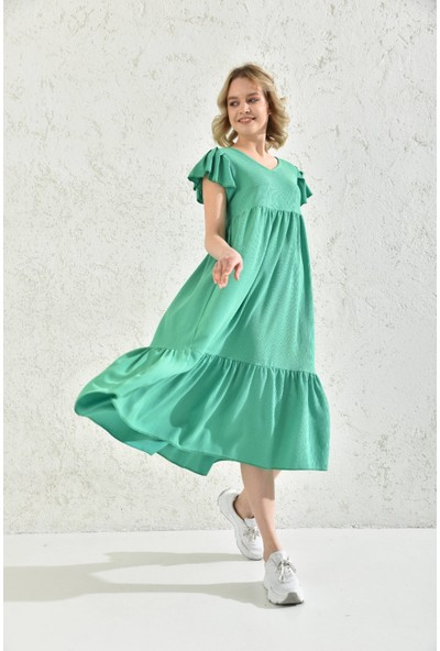 Elay Butikk Kadın Kolları Pileli Okyanus Gipeli Uzun Elbise