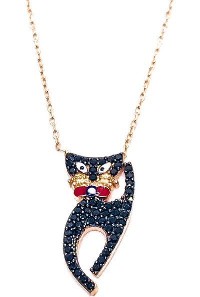 Nisa 925 Ayar Gümüş Siyah Zirkon Taşlı Kedi Kolye