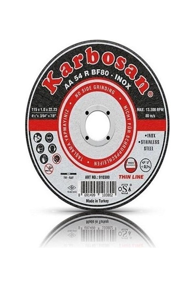 Karbosan 115*1.0*22.23 Inox Paslanmaz Çelik Kesici 10 Adet Karbosan 910380 Thın Line Karbosan 115*1.0*22.23 Inox Paslanmaz Çelik Kesici 10 Adet Karbosan 910380 Thın Line
