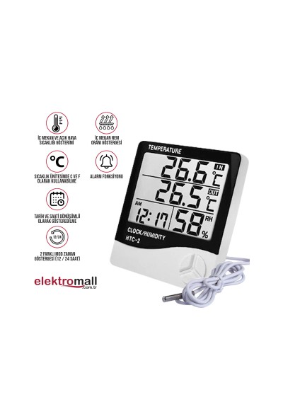 Htc-2 Dijital Termometre Saat Nem ve Sıcaklık Ölçer Iç Dış Mekan Htc-2 Dijital Termometre Saat Nem ve Sıcaklık Ölçer Iç Dış Mekan