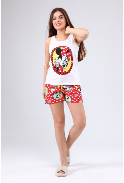 Baks Store Kadın Kırmızı Mickey Baskılı Kadın Atlet Şort Takımı