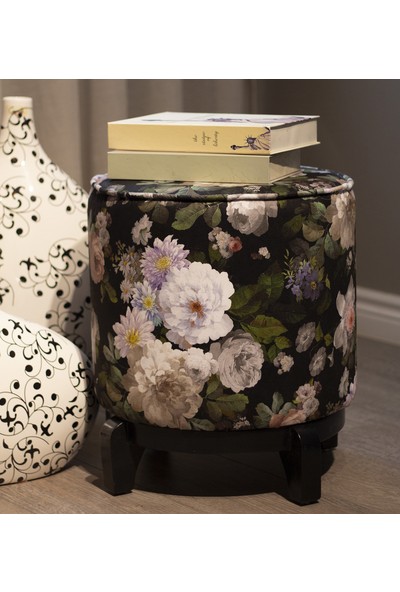 Adawall Adawall Siyah Çiçek Ahşap Ayaklı Puf
