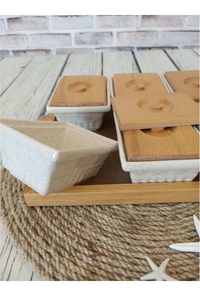 Trendbibu Ahşap Tepsili Granit Görünümlü 6'lı Seramik Kahvaltılık