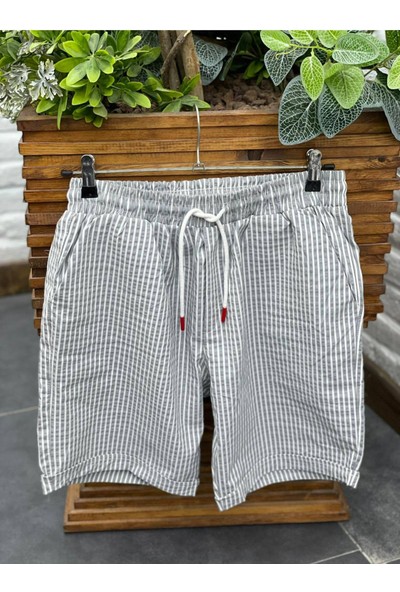 Bikombine Erkek Gri Çizgili Normal Kalıp Spor Şort
