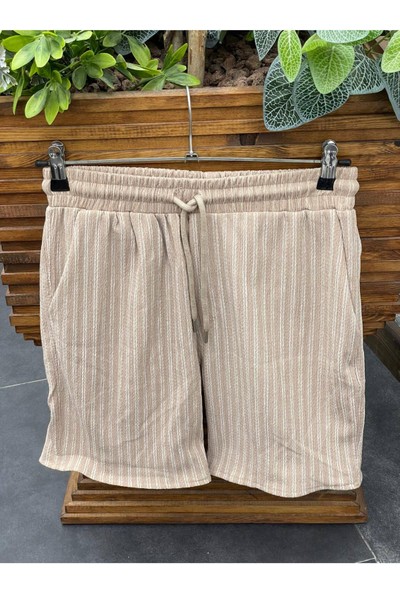 Bikombine Erkek Bej Çizgili Normal Kalıp Spor Şort