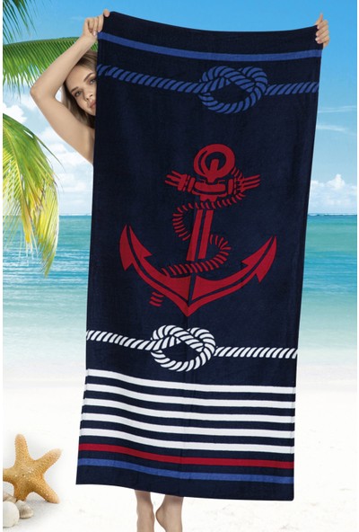 Jenika Plaj Havlusu Çizgili Çapa Desenli 80X150 cm Baskılı