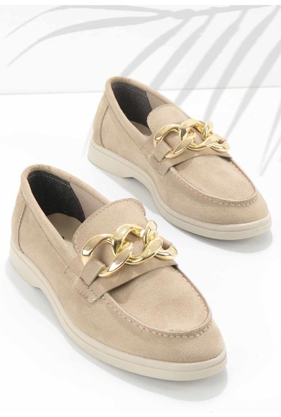 Bambi Bej Süet Kadın Loafer Ayakkabı K018311001