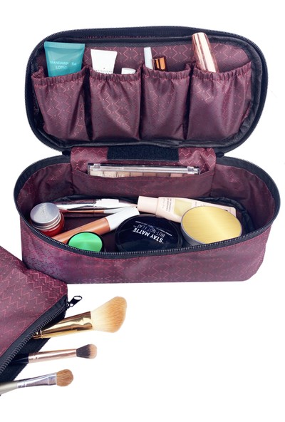 Kadın Bordo Makyaj Fırçası Sütyen Saklama ve Iç Çamaşırı Düzenleyici Makyaj Çantası