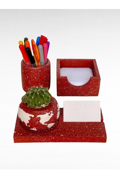 S&D Home Dörtlü Koyu Kırmızı Krem Beton Ofis Seti Kalemlik Kartvizitlik Bloknotluk ve Sukulentlik