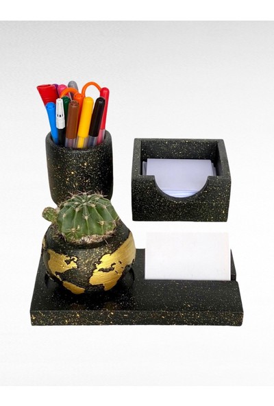 S&D Home Dörtlü Altın Siyah Beton Ofis Seti Kalemlik Kartvizitlik Bloknotluk ve Sukulentlik