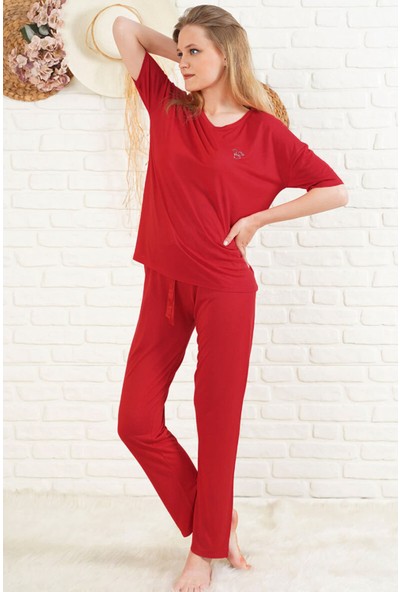 Eminna Taşlı Kalp Detaylı Kısa Kol V Yaka Pijama Takımı