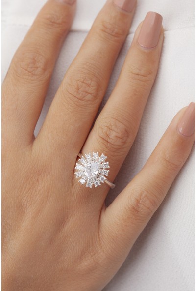 Ateş Gold Gümüş Zirkon Taşlı Damla Süzme Yüzük