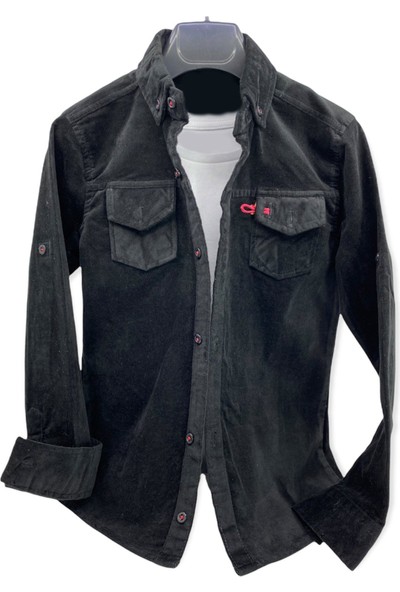 Erkek Çocuk Katlama Kol Kadife Kumaş Slim Fit Kesim Gömlek