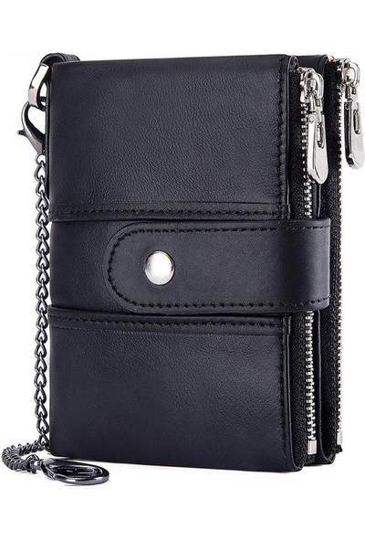 Kavis Erkek Hakiki Deri Çift Fermuarlı Cüzdan - Siyah (Yurt Dışından)